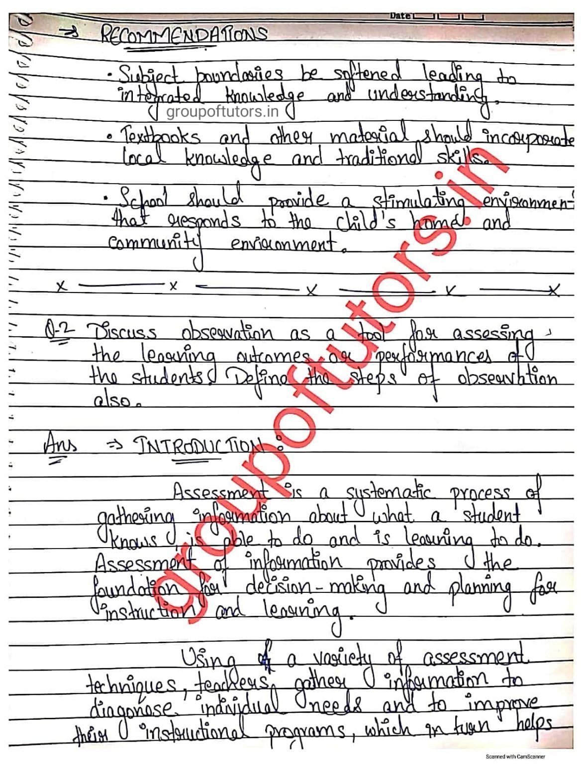 Assessment For Learning Notes for B.Ed - Group Of Tutors