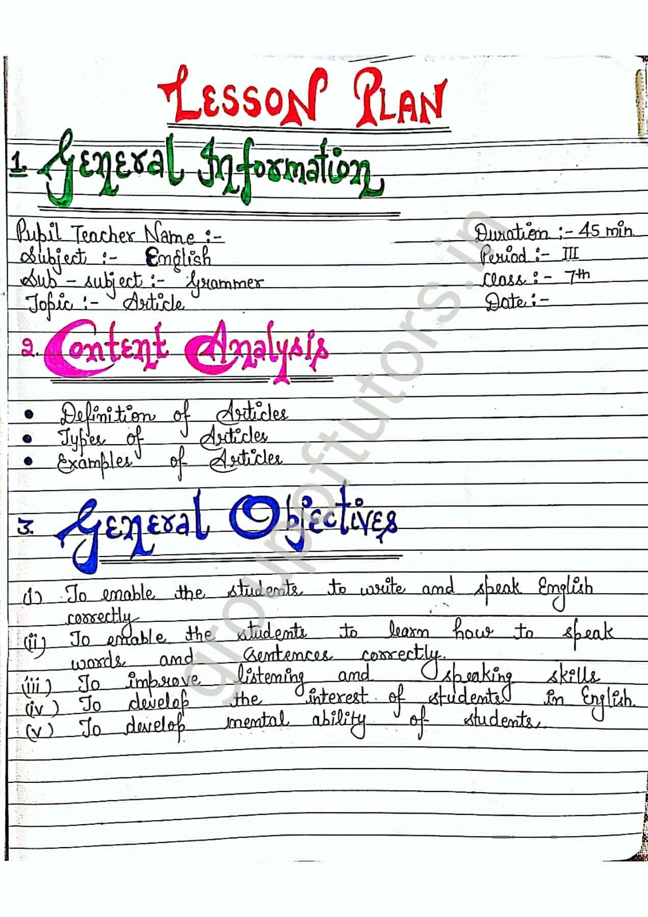 English Grammar Lesson Plan for B.Ed - Group Of Tutors